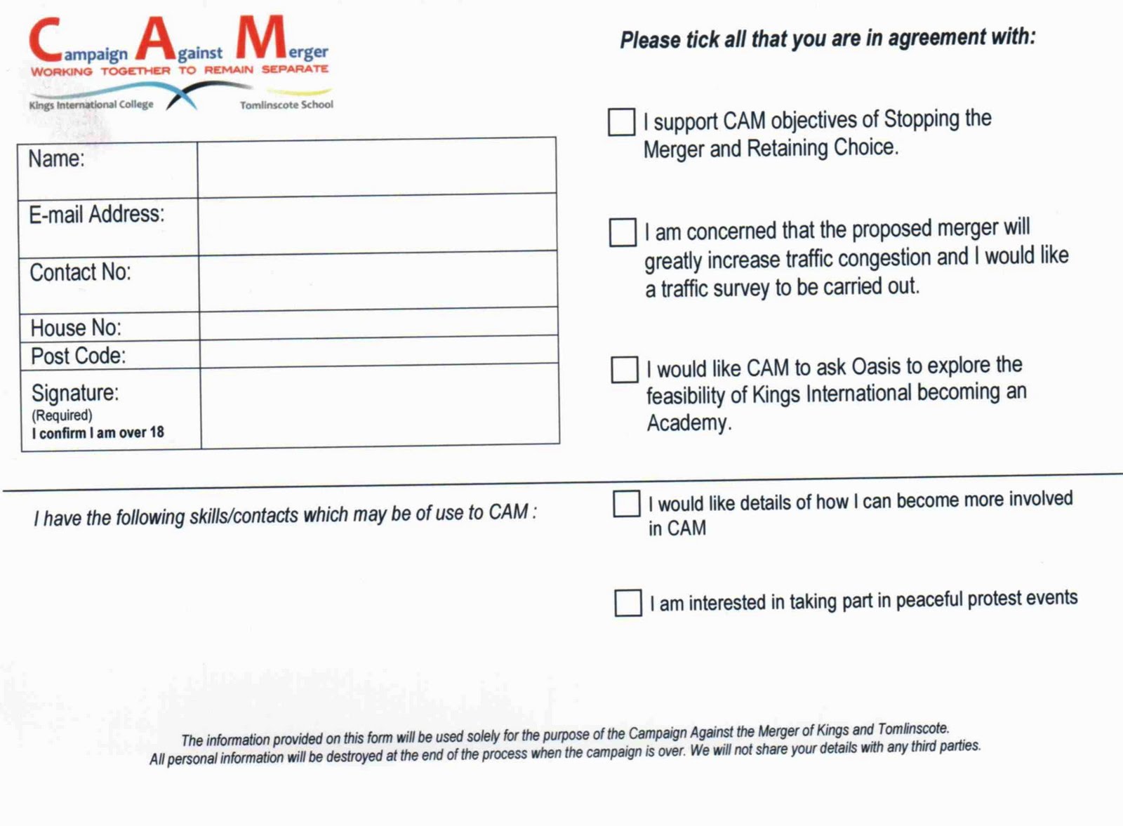 Tomlinscote / Kings School Merger: CAM - petition statements