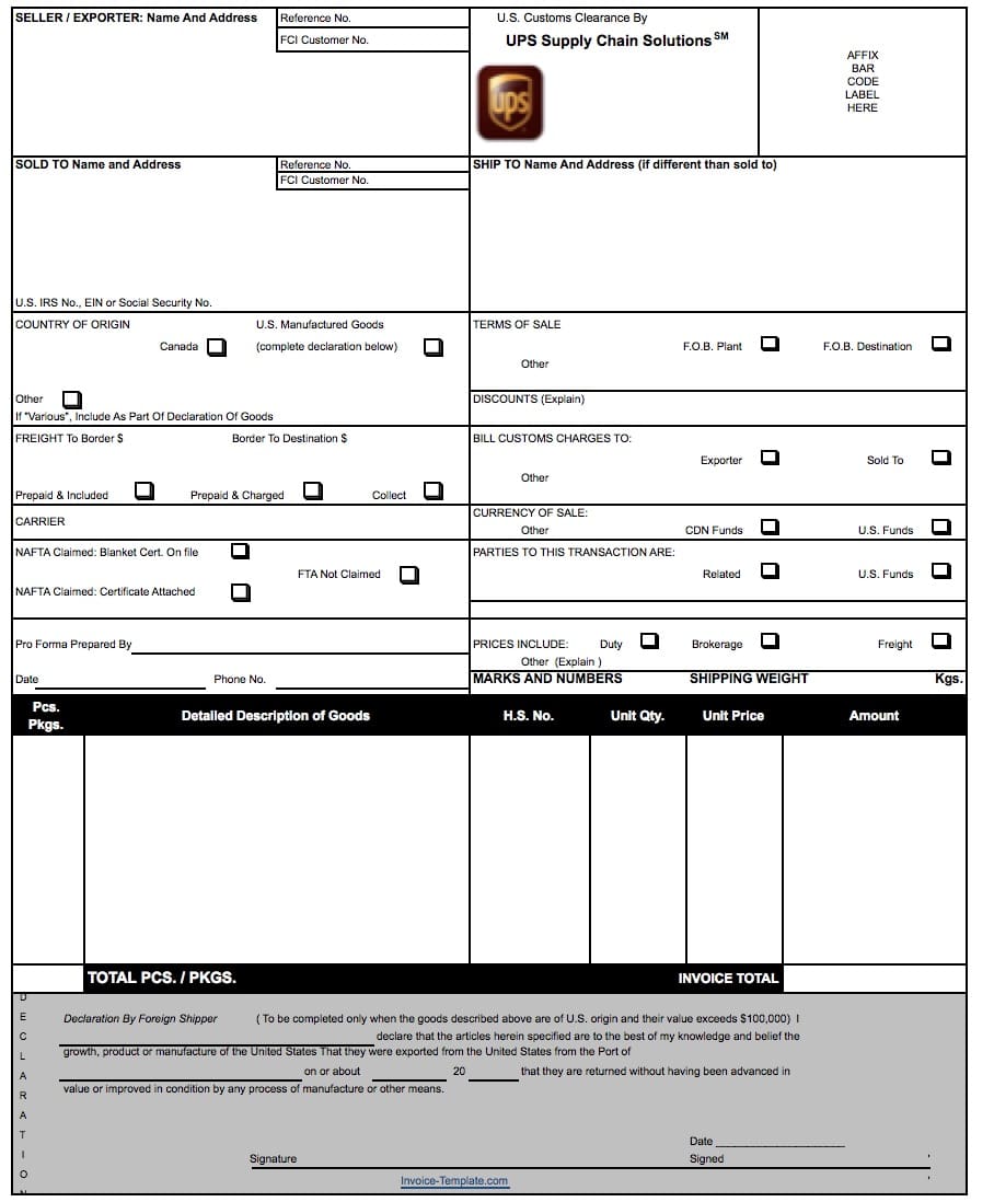 Ups Customs Form - Invoice Template