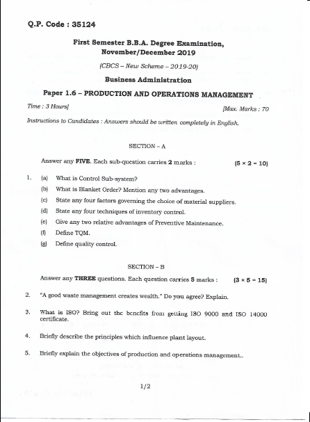 Bangalore University B.B.A. BUSINESS ADMINISTRATION PAPER 1.6 ...