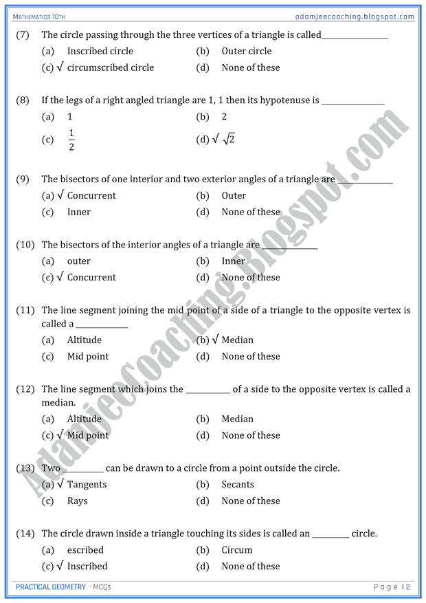 Adamjee Coaching: Practical Geometry - MCQs - Mathematics 10th