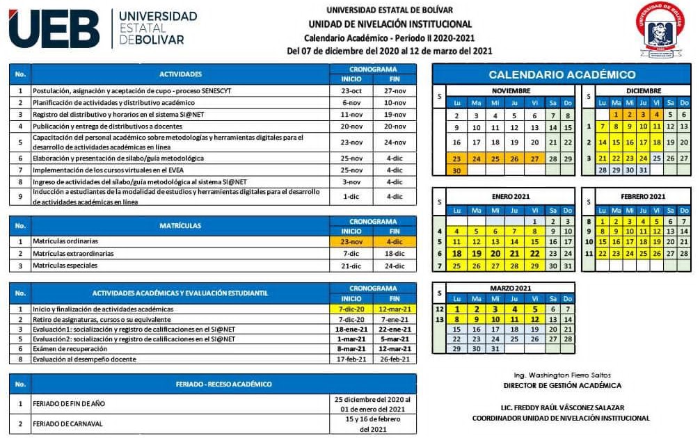 COMUNICACIÓN UEB: CALENDARIO ACADÉMICO