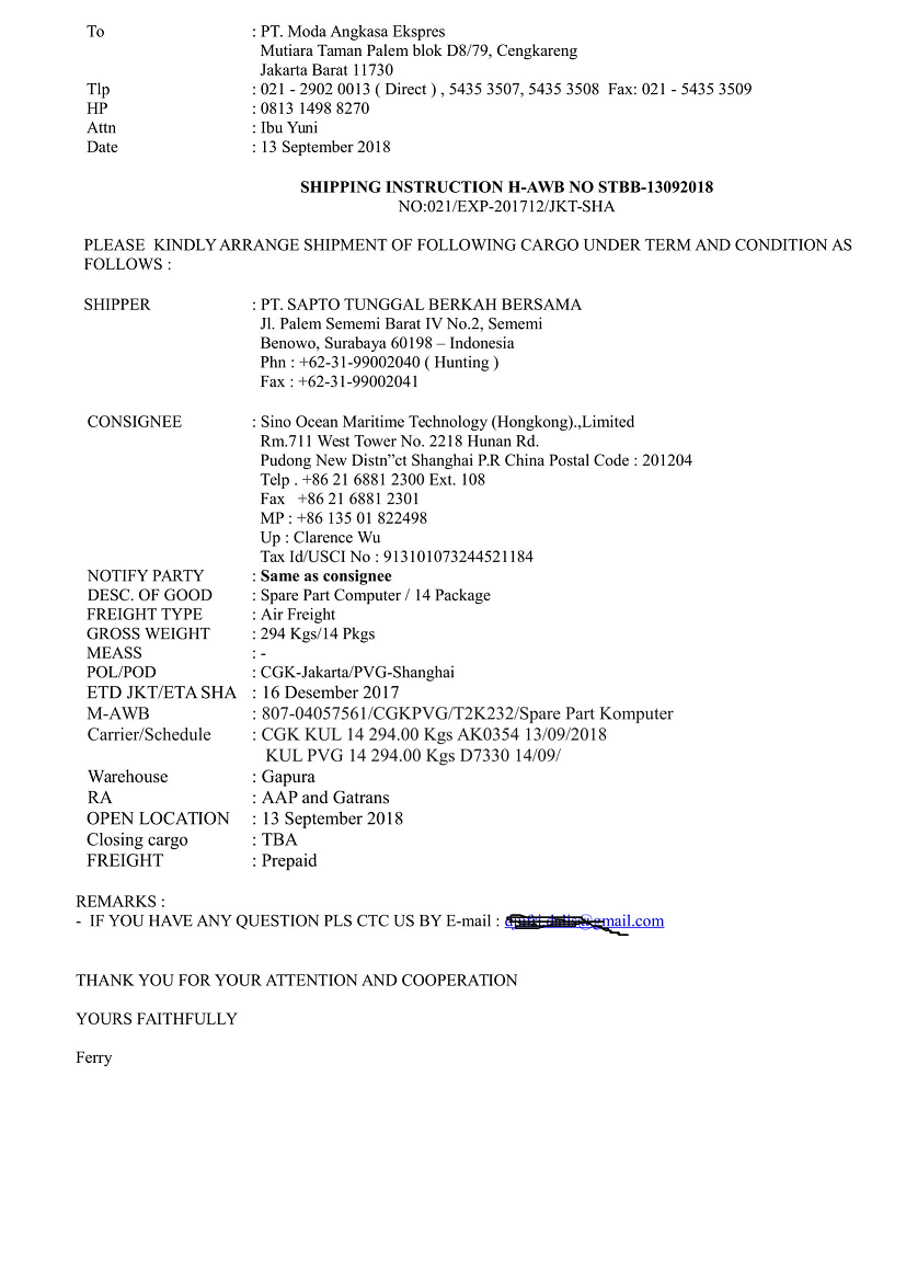 Contoh shipping instruction export LCL,FCL dan Air Freight Sevices ...