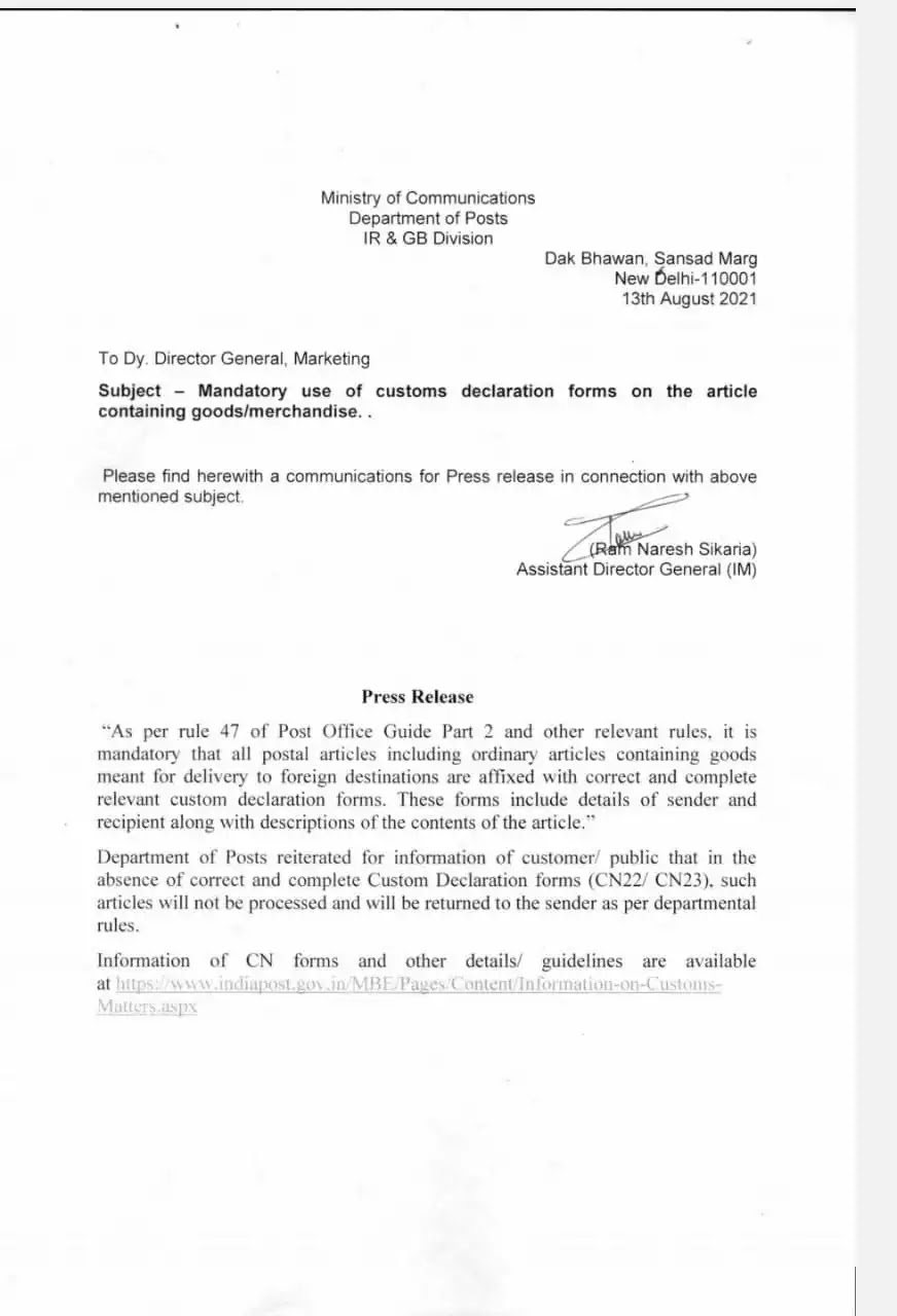 Mandatory use of Customs Declaration forms on the Article containing ...