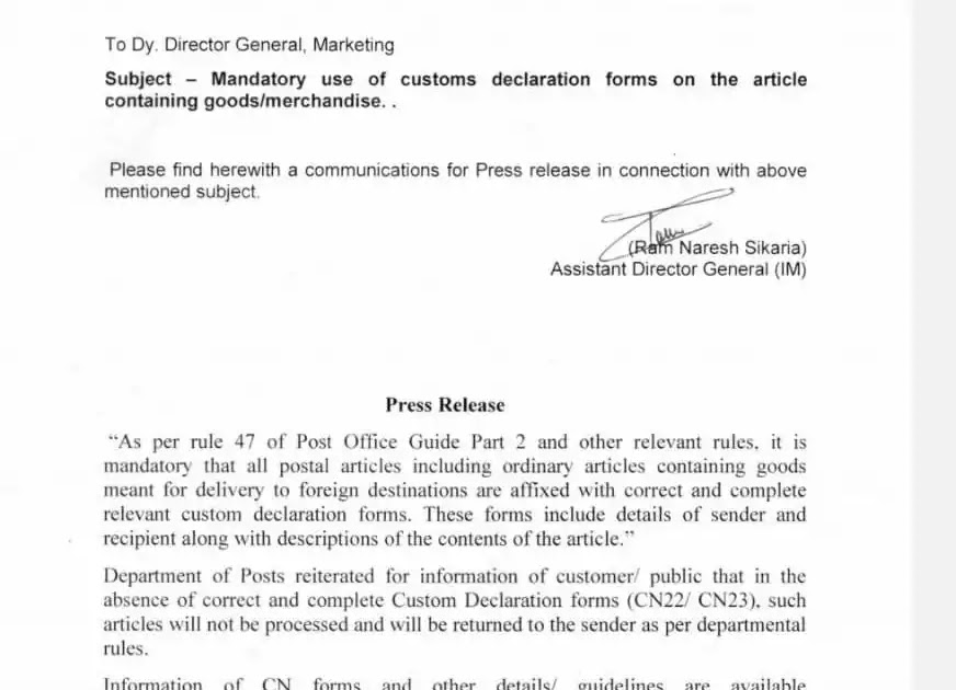 Mandatory use of Customs Declaration forms on the Article containing ...