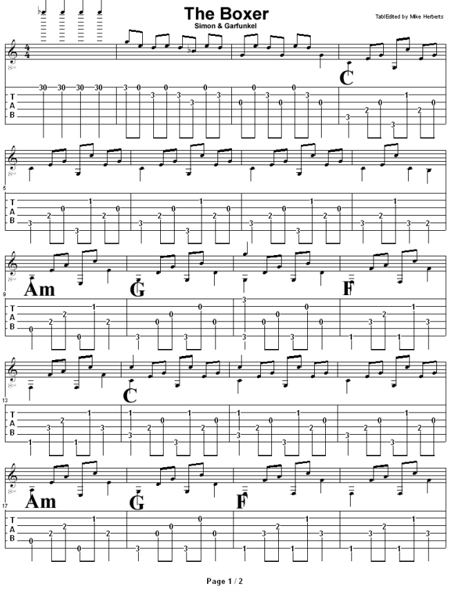 Guitar Tabs: Tab Sheets For: The Boxer by Simon and Garfunkel