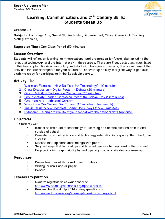Project Tomorrow: Speak Up lesson plans