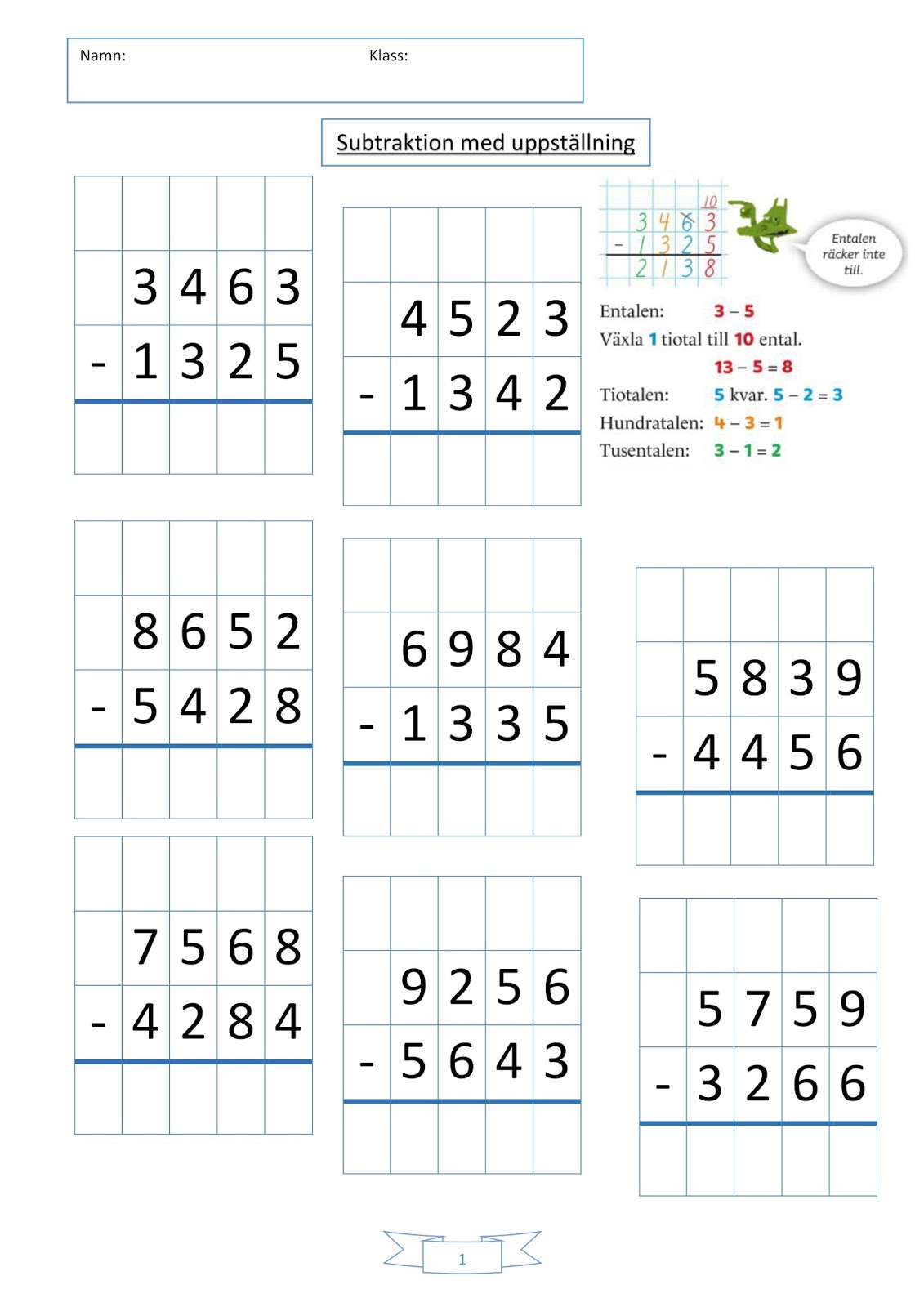MATTEBLOGGEN: Subtraktion med uppställning