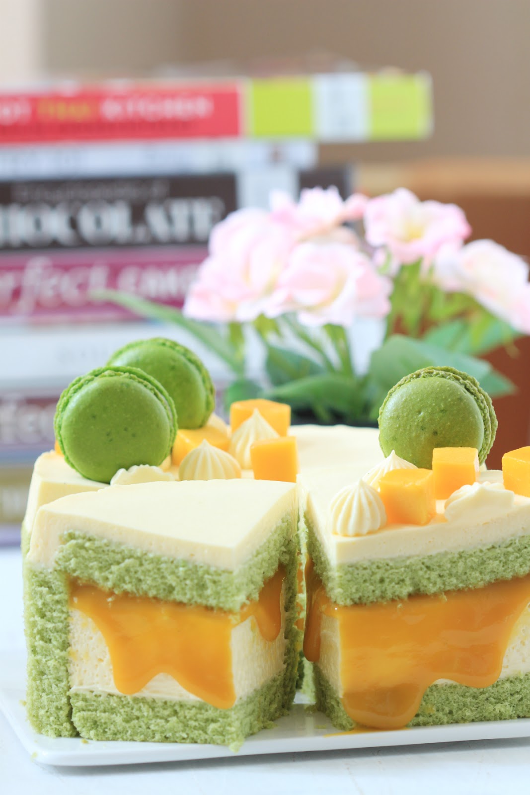 Mango-matcha charlotte cake
