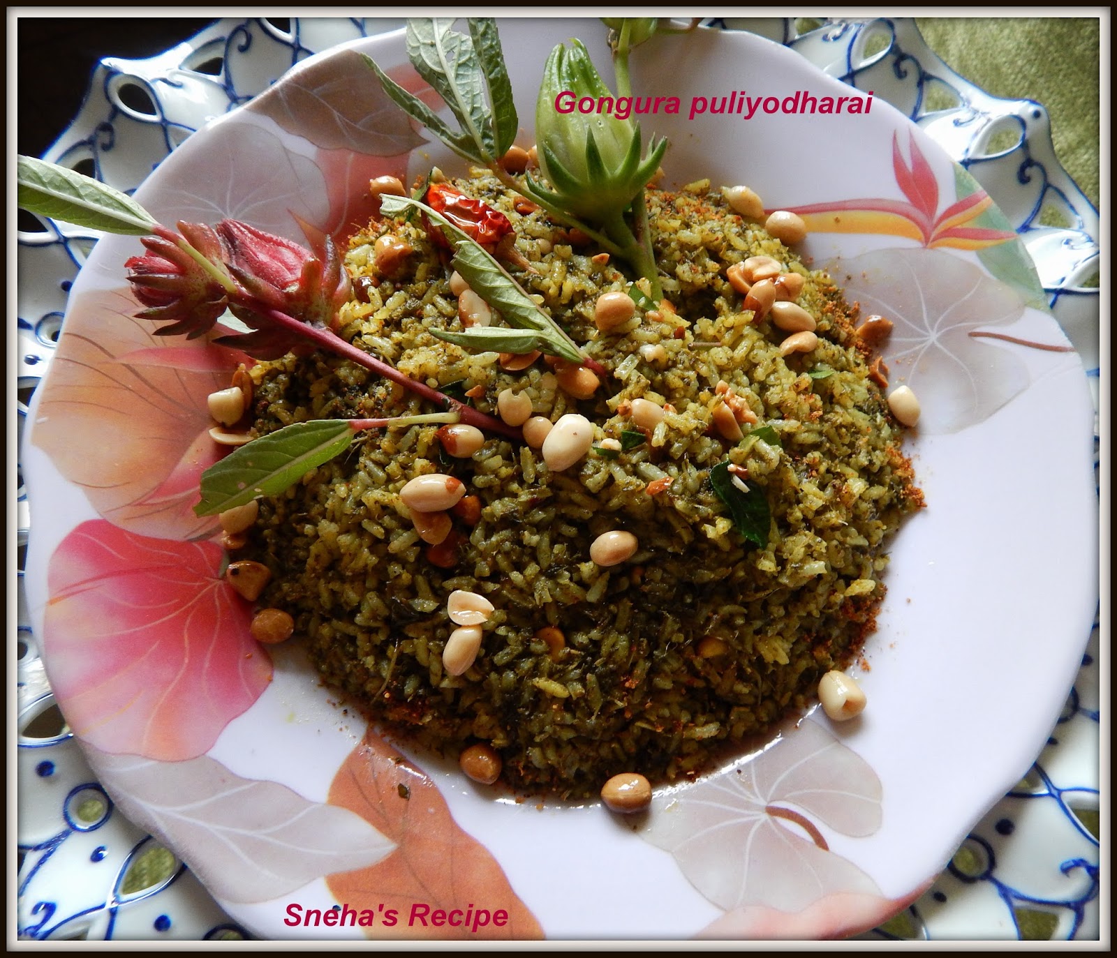 Gongura puliyodharai - Rice with Ambadi Leaves - Sneha's Recipe