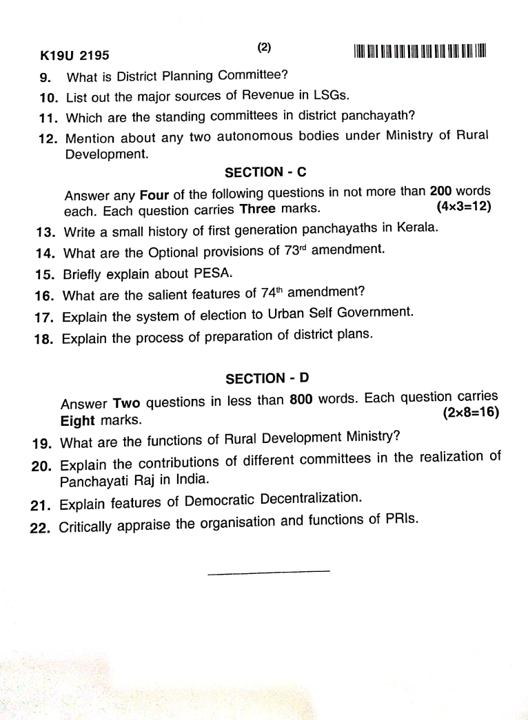 Kannur University B.S.W. Core Course 5B 10 BSW: PANCHAYATI RAJ SYSTEM ...