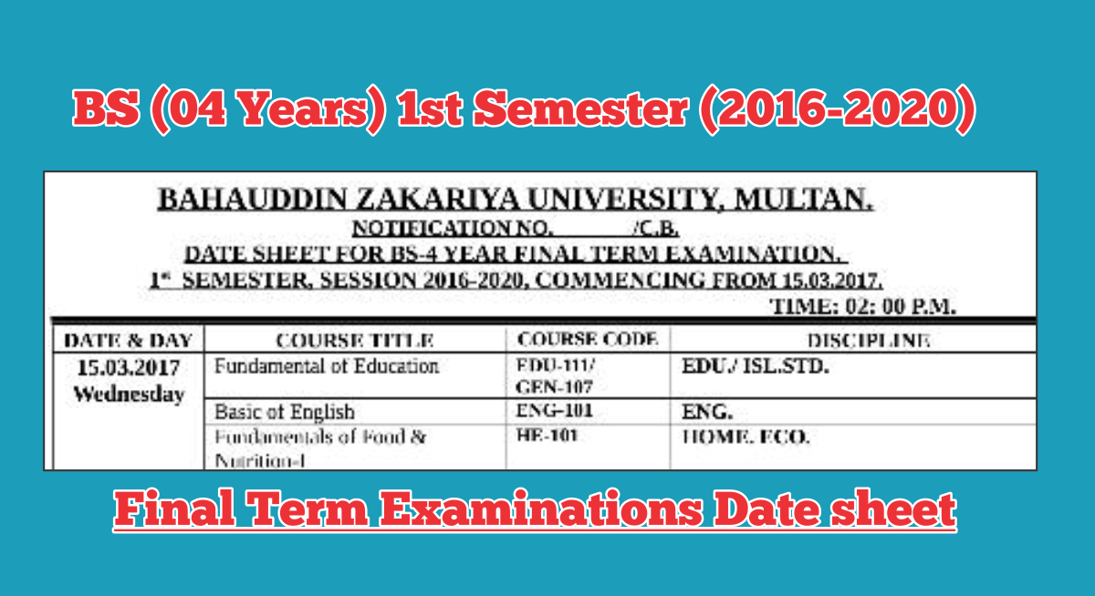 Bs 1st Semester 2016 2020 Final Term Datesheet Govt Emerson College