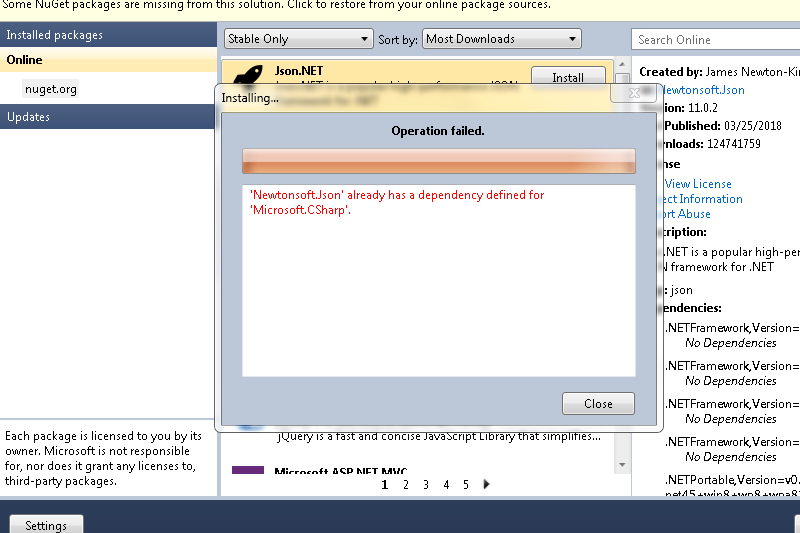 Newtonsoft Json Already Has A Dependency Defined For Microsoft Csharp Asp C Ajax