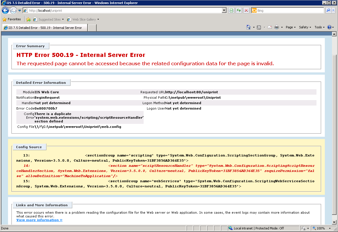 Pharos Web Servies - Uniprint HTTP Error 500.19 ~ Chris Towles' Blog