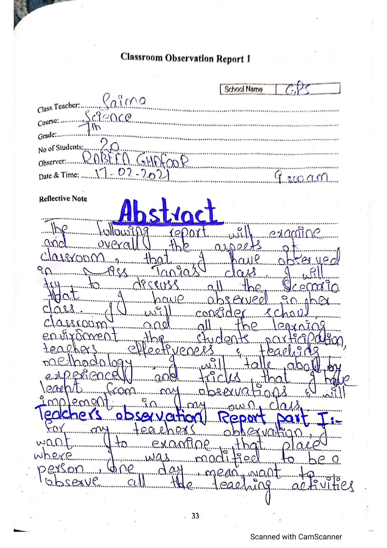 Aiou 8607 Teaching practice I observation report handwritten solved pdf