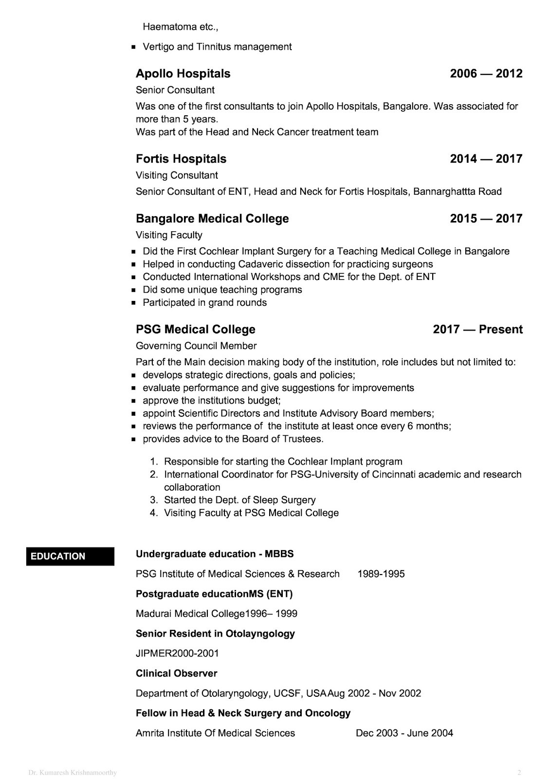 Dr Kumaresh ENT Clinic: CV of Dr Kumaresh - Senior Consultant Dr ...