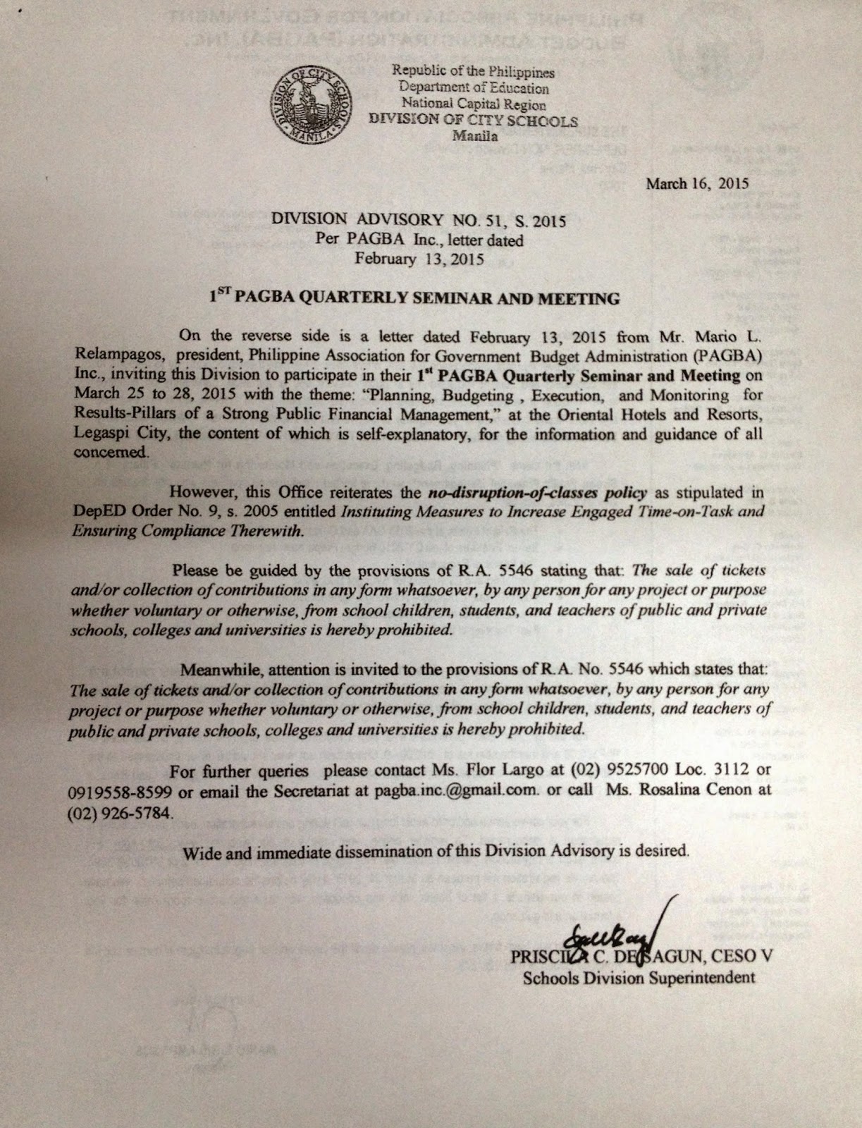 Department of Education Manila: Division Advisory No. 51 - 1st PAGBA ...