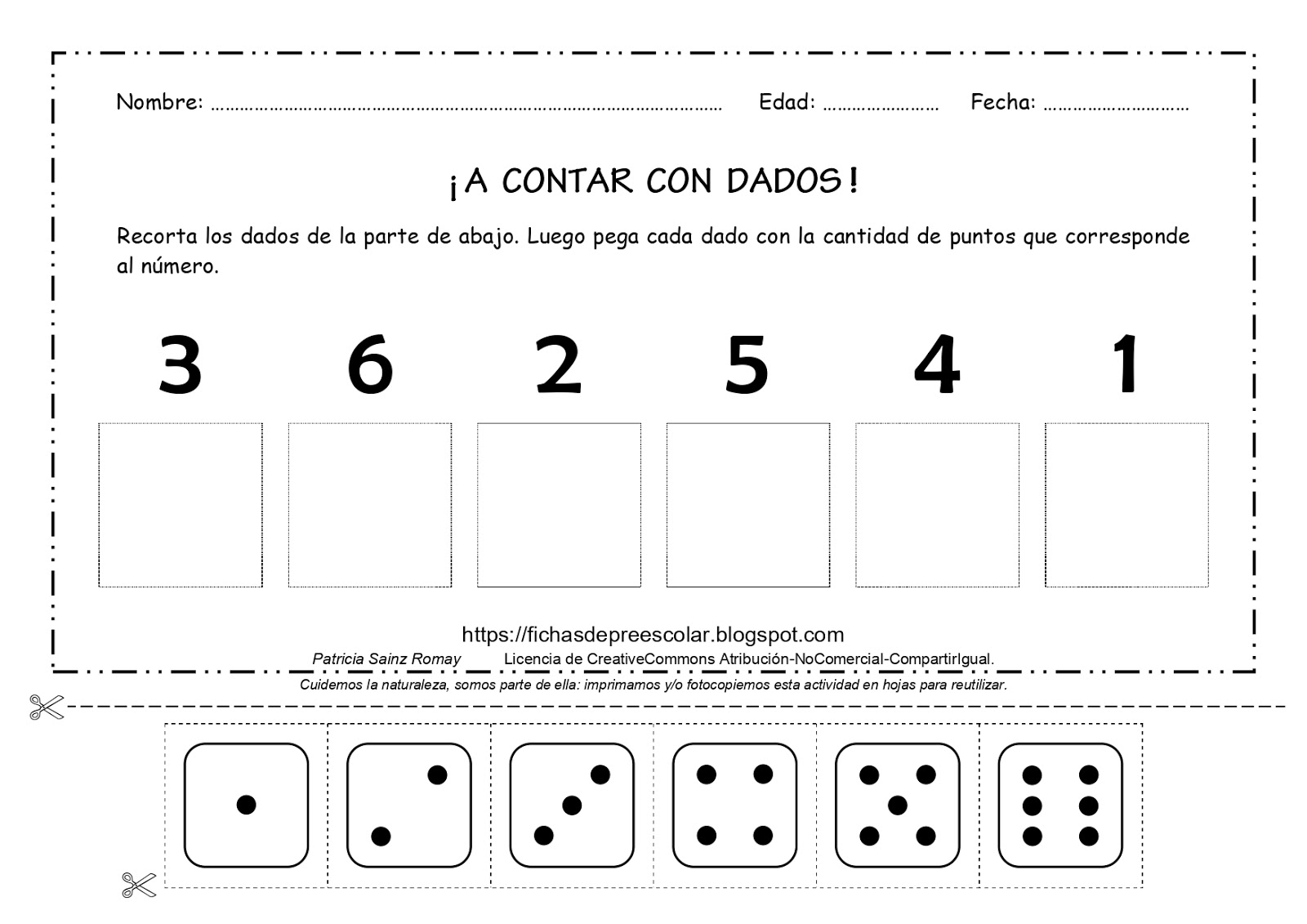 FICHAS DE EDUCACIÓN PREESCOLAR: ¡ A CONTAR CON DADOS ! Ejercicios de conteo con dados.