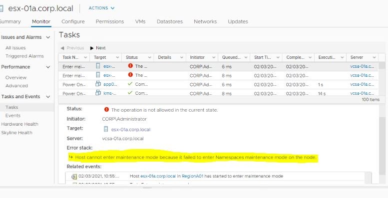VMware vSphere | ESXi Host | Namespace error while entering host into Maintenance