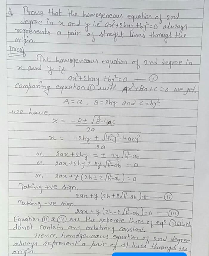 Prove That The Homogeneous Equation Of 2nd Degree In X And Y I e Ax 2