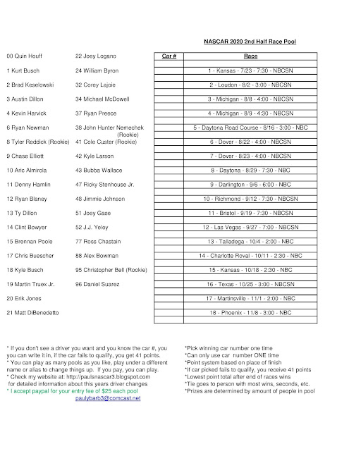 Paul's Nascar Pool Page: 2nd Half Pool Sign Up Sheets