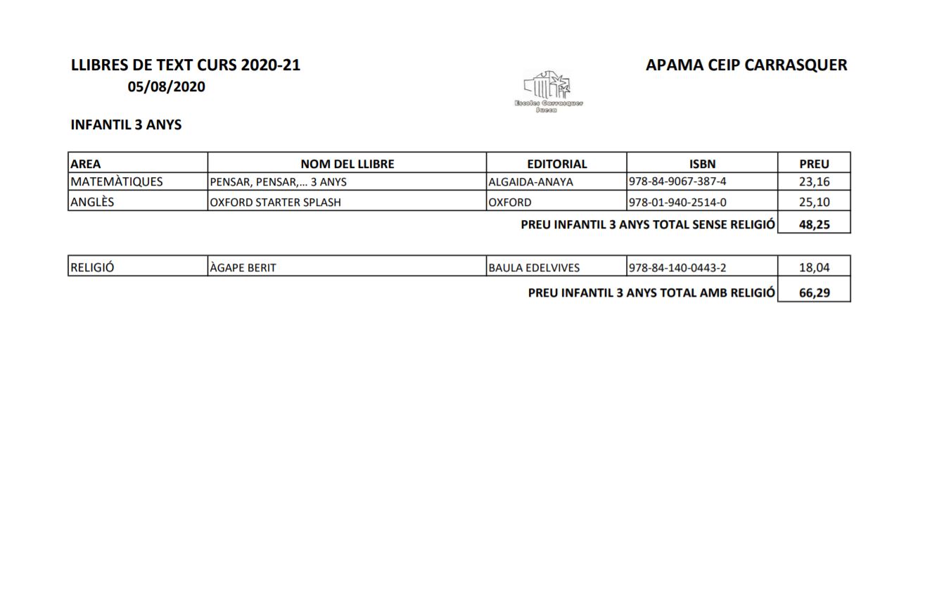 APAMA CARRASQUER: LLIBRES DE TEXT CURS 2020-2021