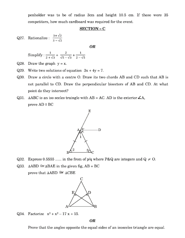 Sample Question paper for class 9th Mathematics (Annual Examination)