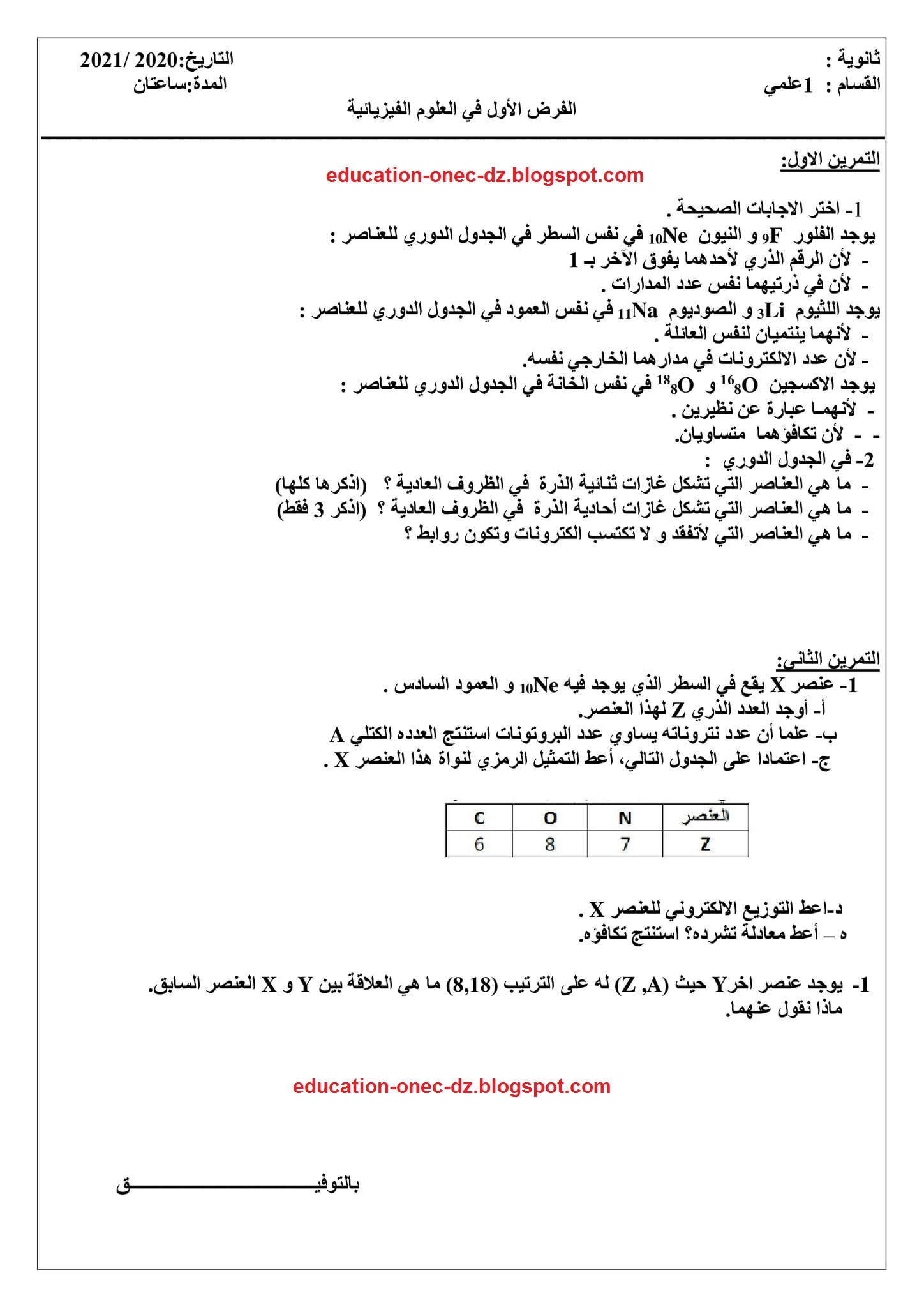 الفرض الاول للفصل الاول في مادة العلوم الفيزيائية للسنة الاولى ثانوي