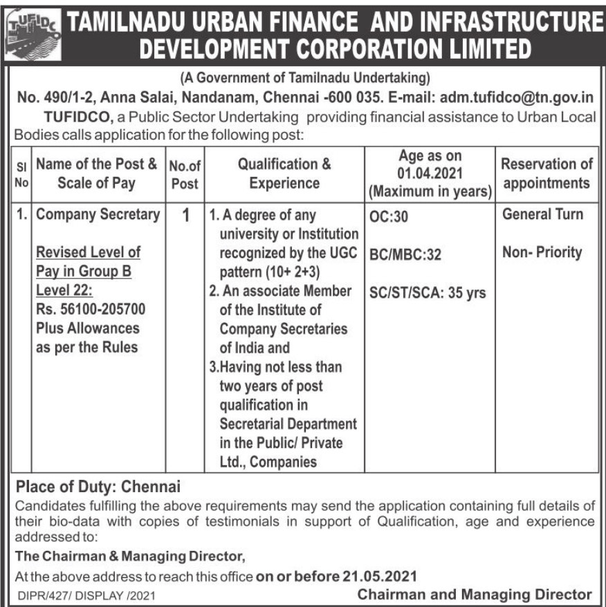 TUFIDCO Recruitment 2021 Company Secretary