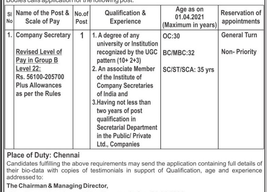TUFIDCO Recruitment 2021 Company Secretary