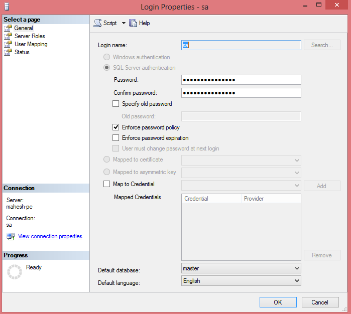 Change Password of SA login using SQL Management Studio | SharePoint Waves