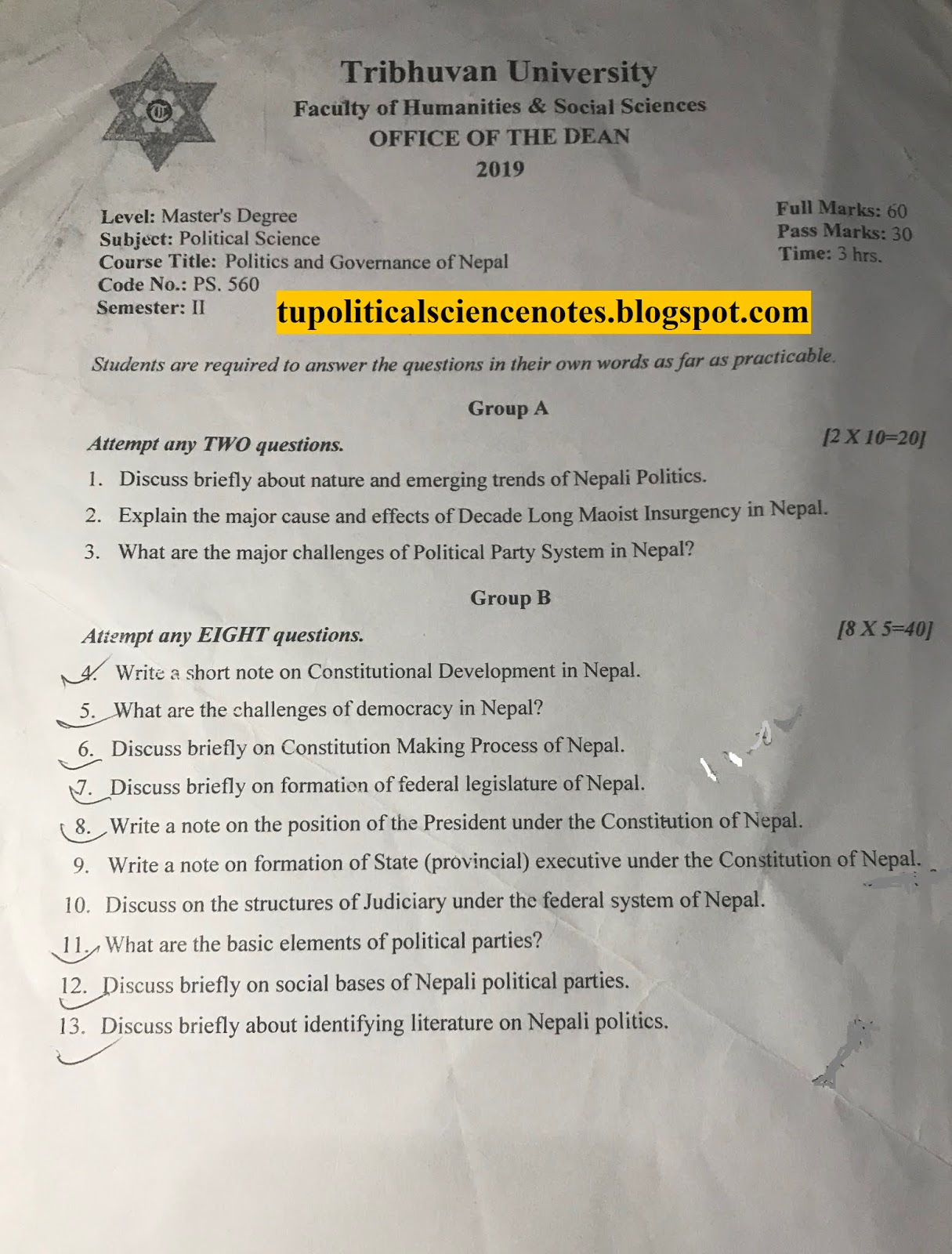 Question Sets of Master Degree in Political Science (Second Semester 2019
