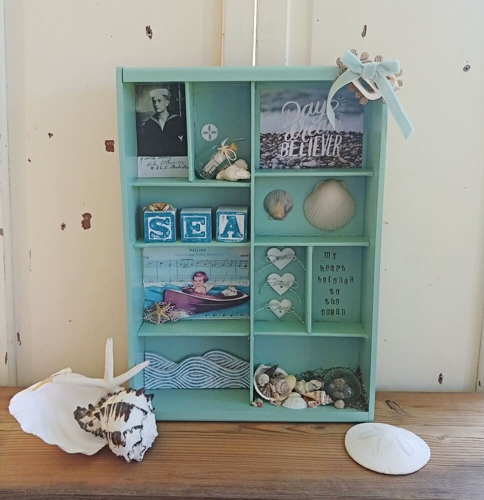 Upcycled Divided Tray to Beach Themed Shadow Box - Little Vintage Cottage