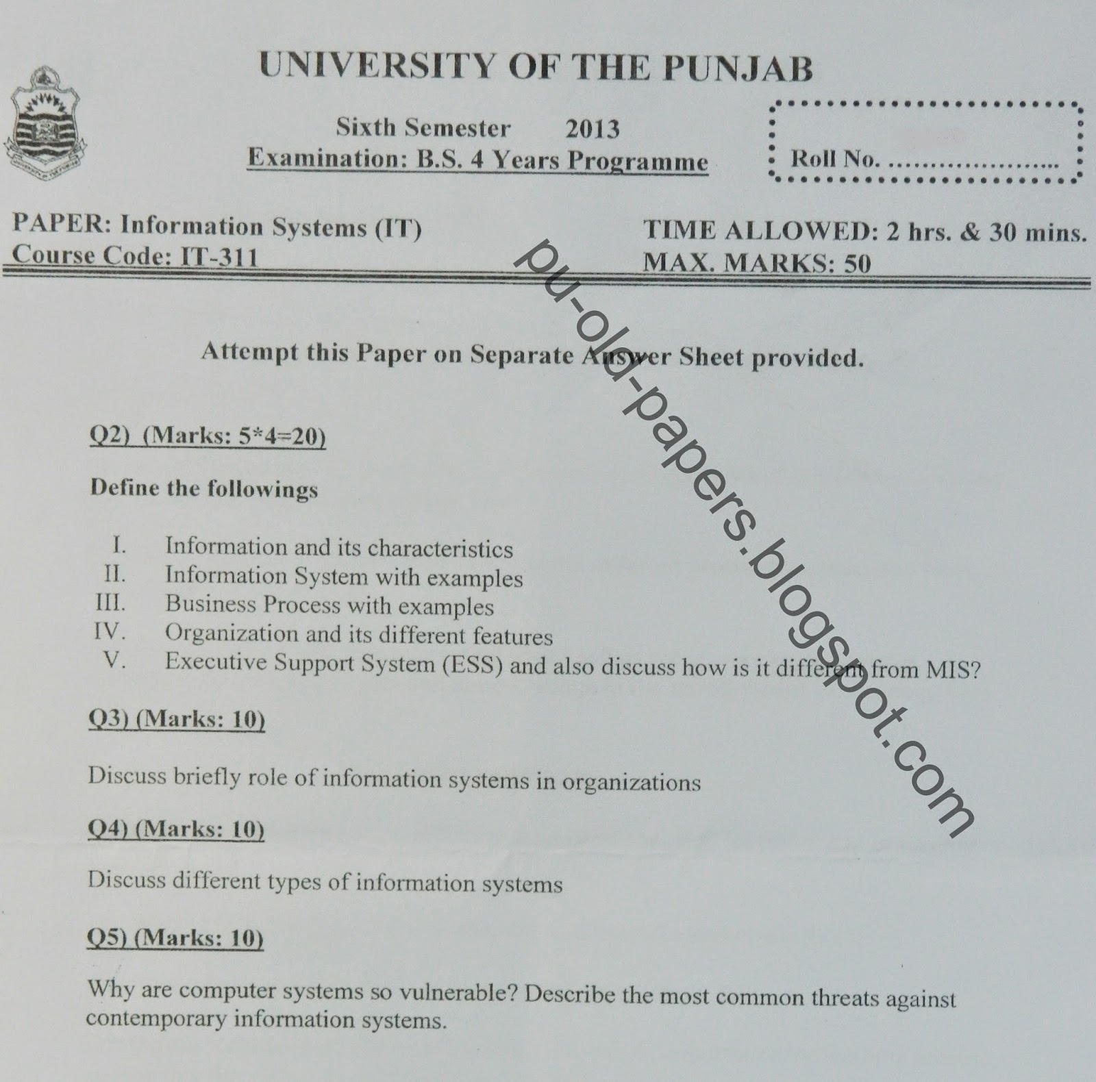 Punjab University Past Papers: 2014