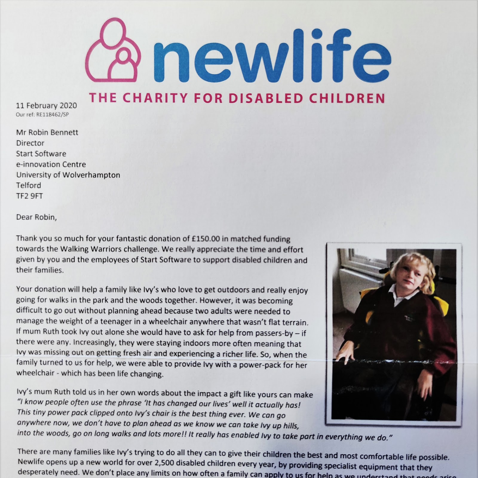 Newlife charity thanks Start Software for donation