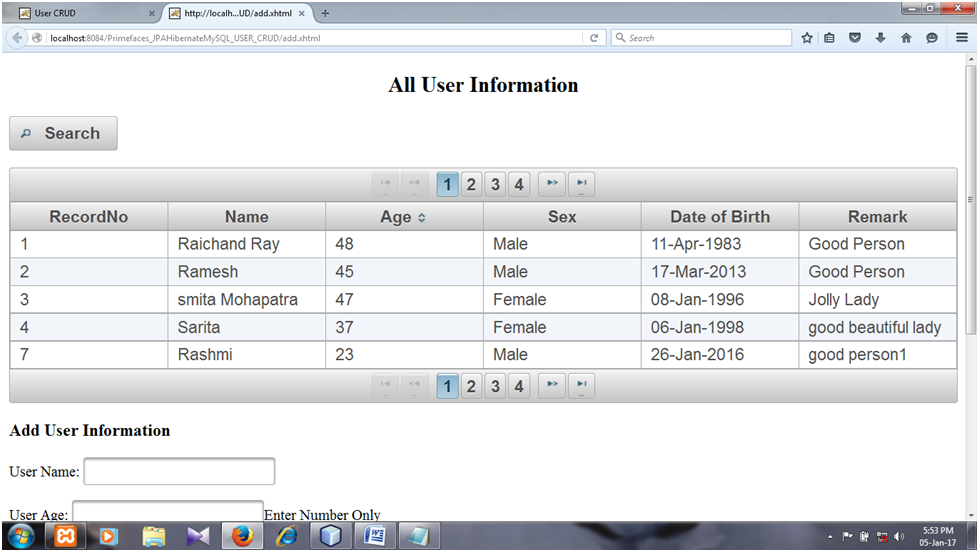Javapassion Primefaces5jpa Hibernate 5 Crud Using Netbeans802 And Mysql Database Server