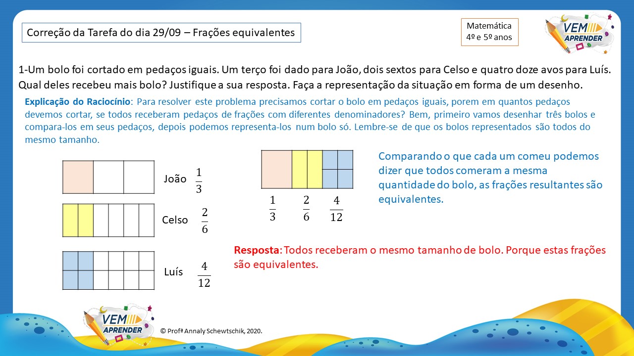 Correção da Tarefa do dia 29/09 - Frações Equivalentes Correção da Tarefa do dia 29/09 - Frações Equivalentes