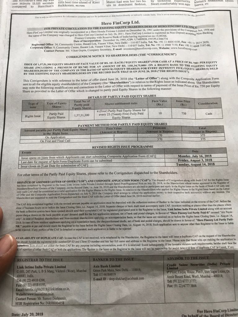 Rare Indian Shares ( by Ashwani K Aggarwal ): Hero Fincorp Rights ...