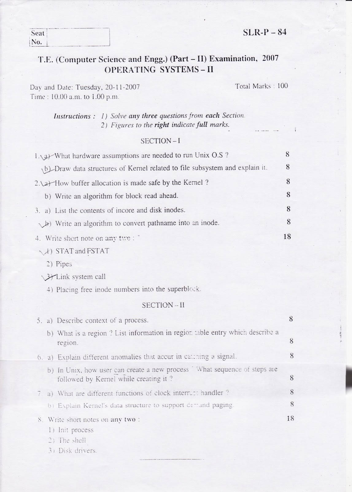 Solapur University 2007 Question Paper of Operating System II TE (CSE ...