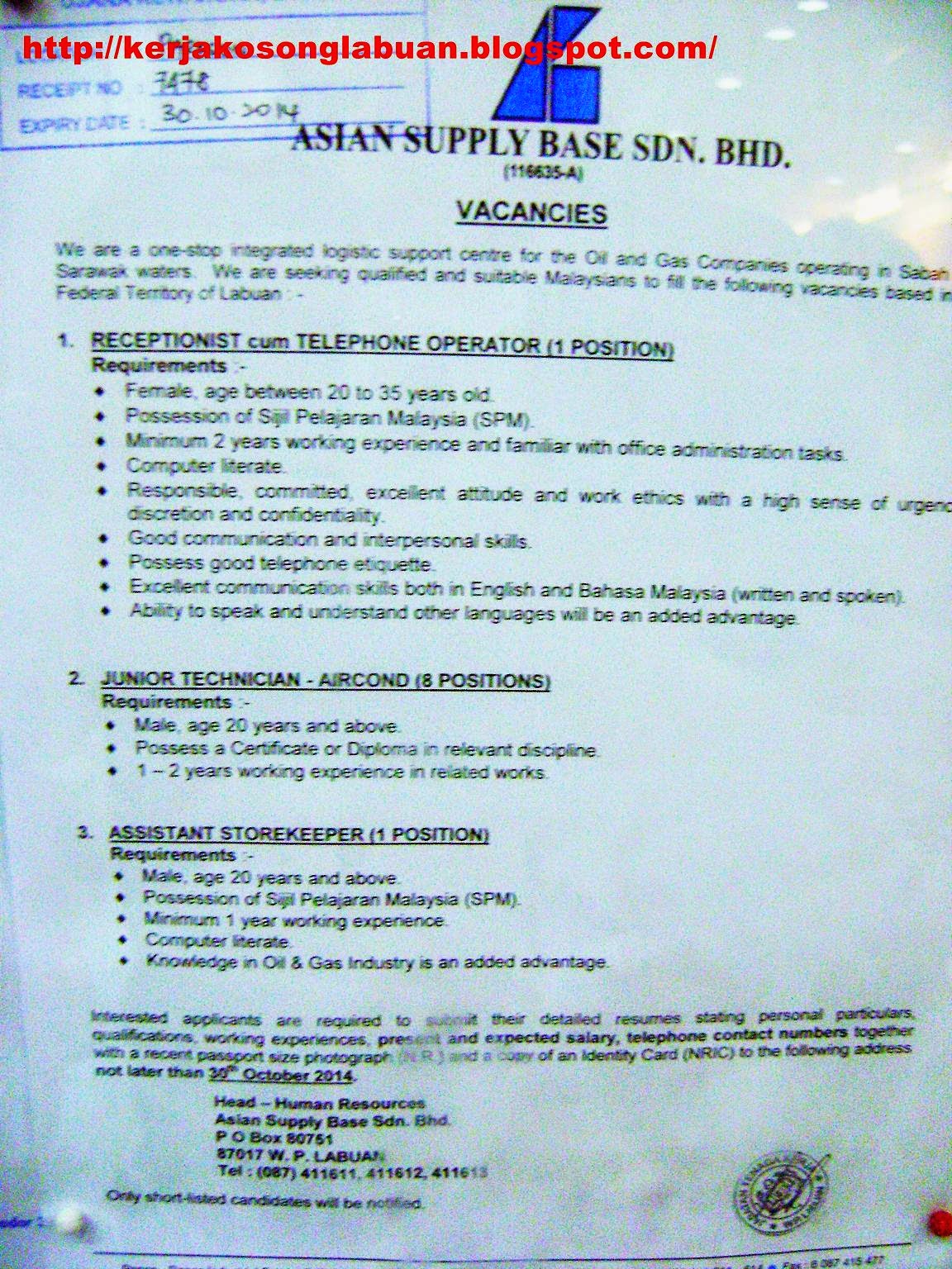 Kerja Kosong Di Labuan: vacancy at asian base supply sdn bhd 25 oct 2014