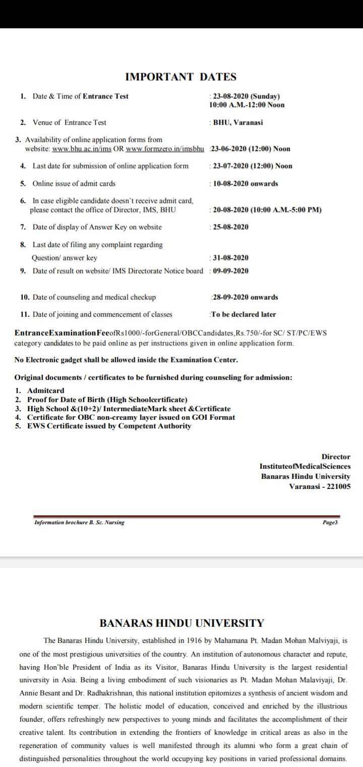 BHU BSC NURSING ENTRANCE EXAM APPLICATION FORM 2020 | NURSING GOOD NEWS