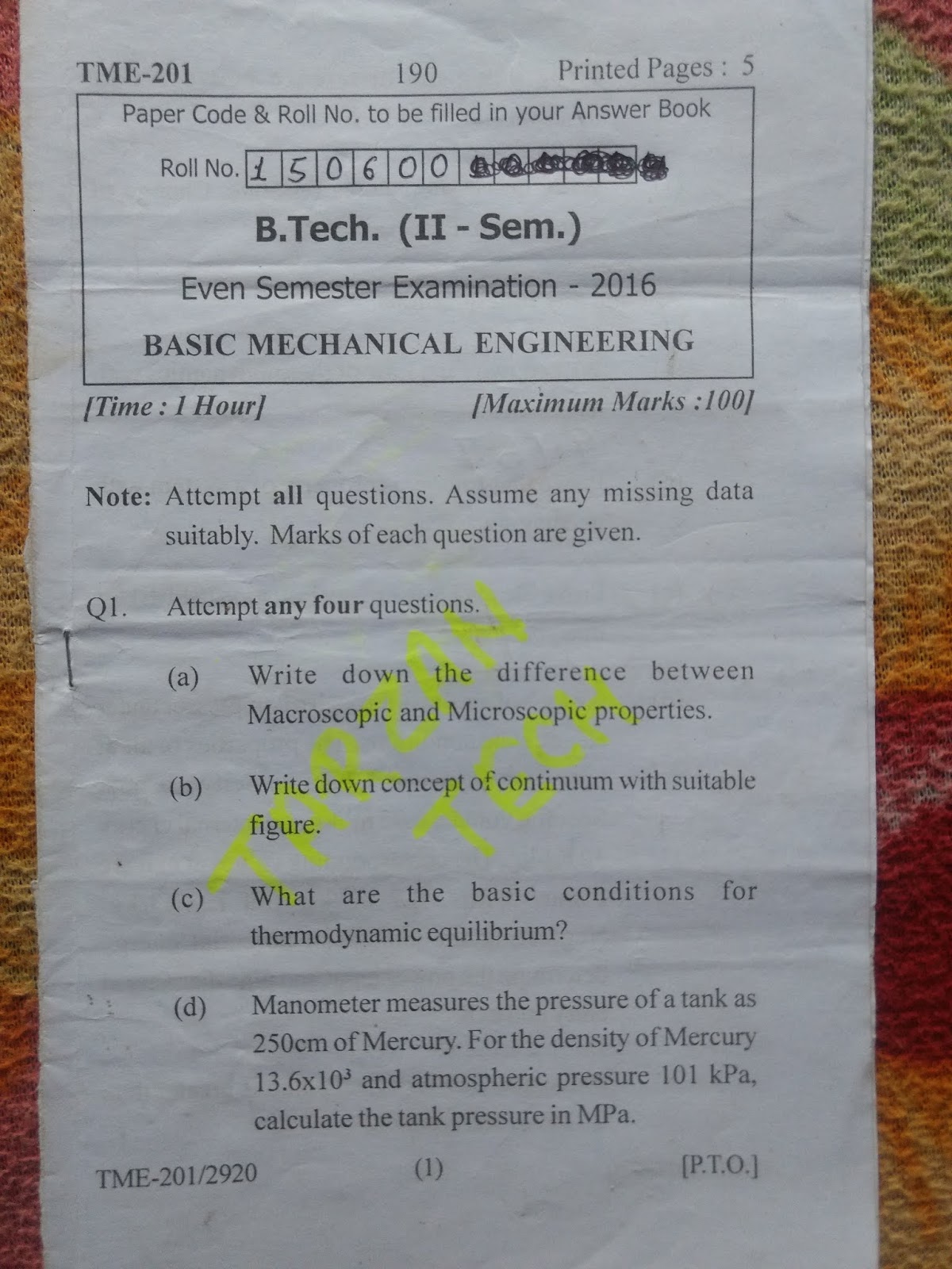 UTU B.TECH ( C.S.E/I.T/M.E/E.E/E.C – 2nd ) BASIC MECHANICAL ENGINEERING ...