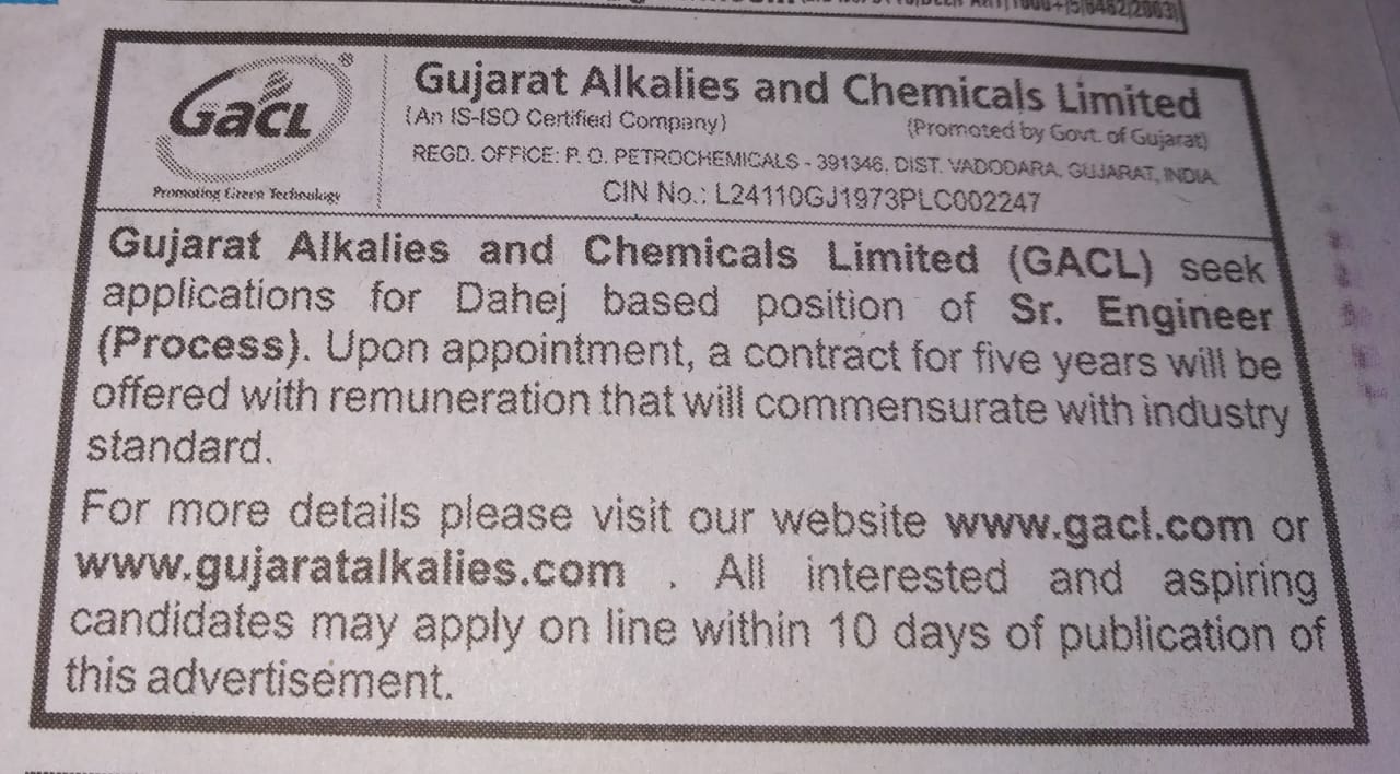 GACL (Gujarat Alkalies and Chemicals Limited) - Hiring Sr.Engineer ...