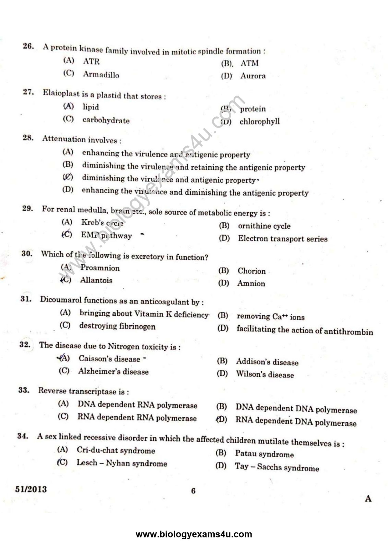 Scientific Assistant Biology - Question Paper with Answer Key -51/2013