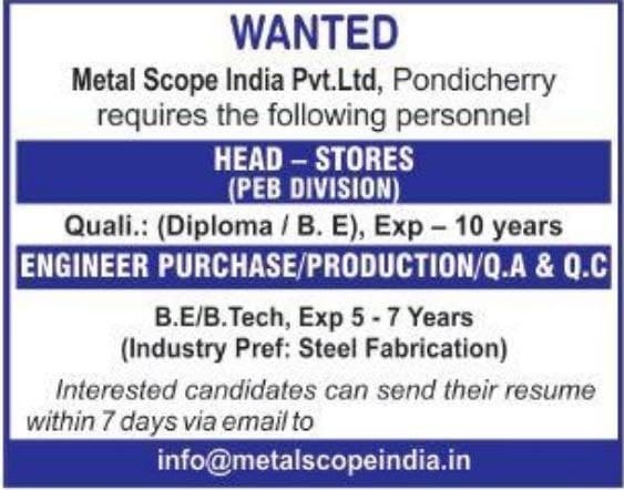 UDYOG ADDA: Urgent Openings for Engineer - Purchase, Production, QA & QC / Head - Stores @ Metal ...