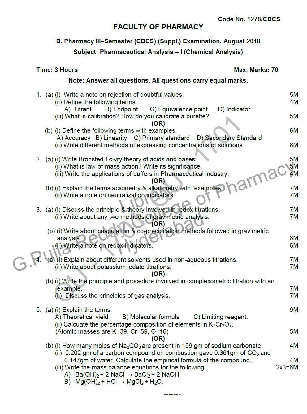 Osmania University B. Pharmacy III-Semester (CBCS) (Supplementary) Subject : Pharmaceutical ...
