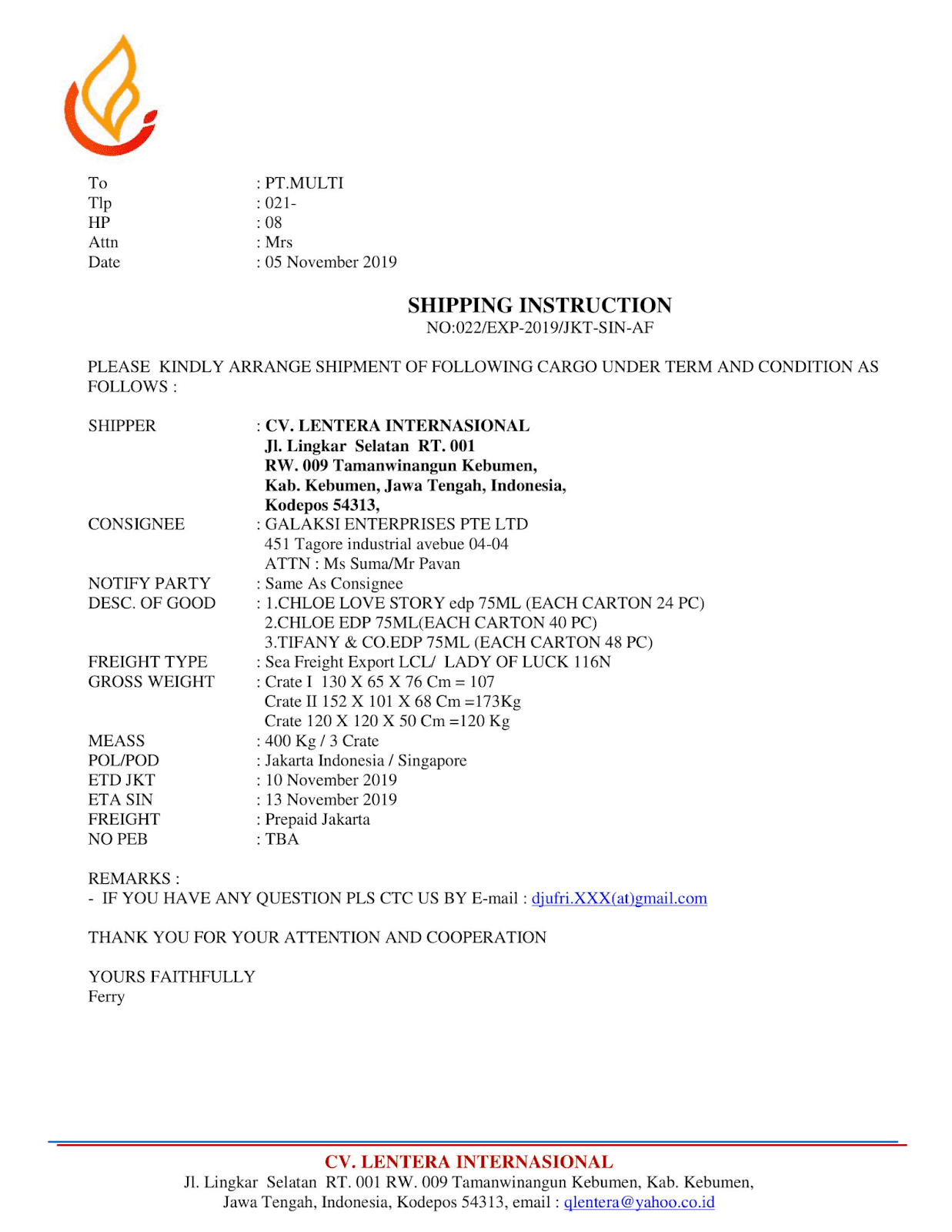 Contoh shipping instruction export LCL,FCL dan Air Freight Sevices ...