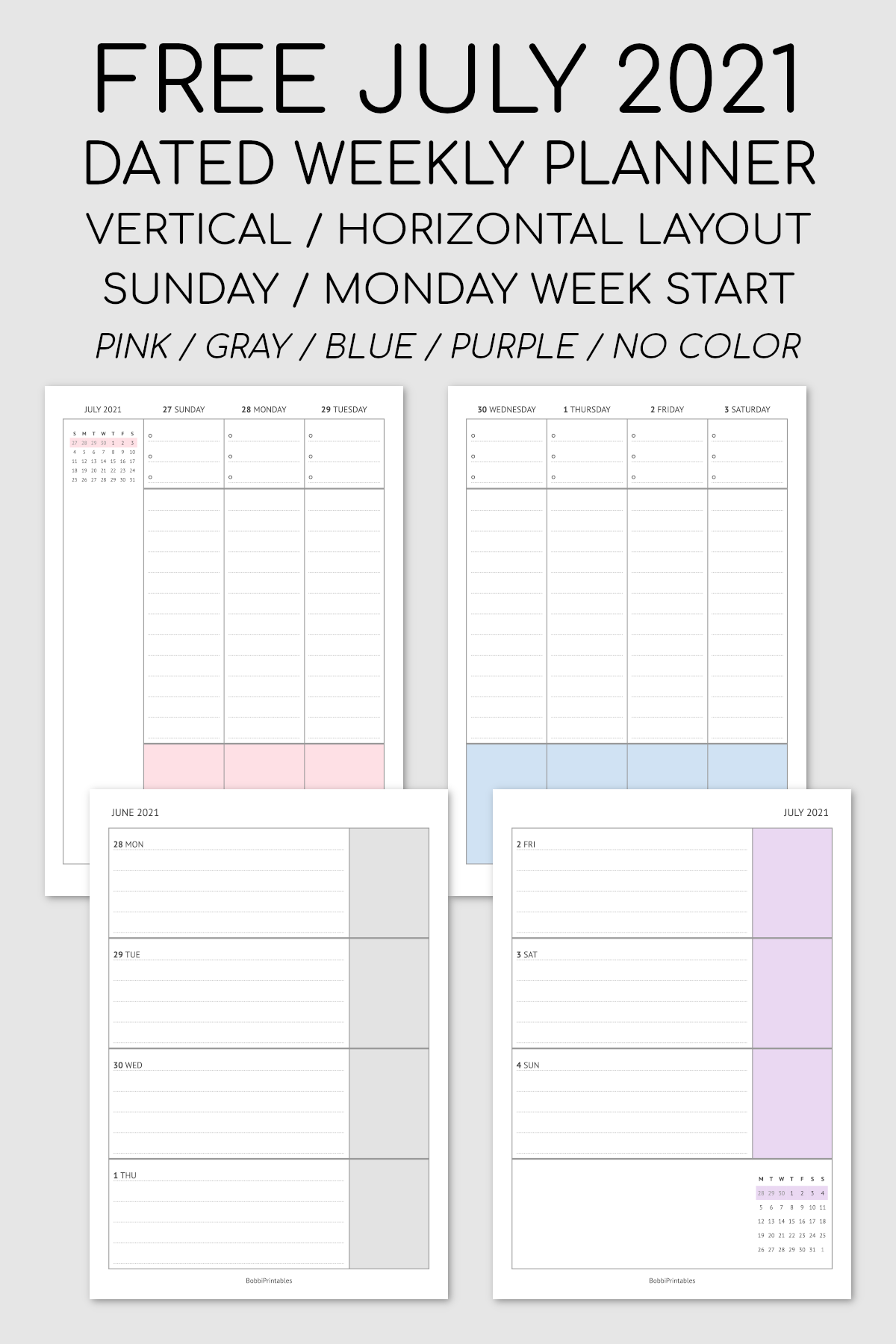 Printable July 2021 Weekly Planners - Week on Two Pages