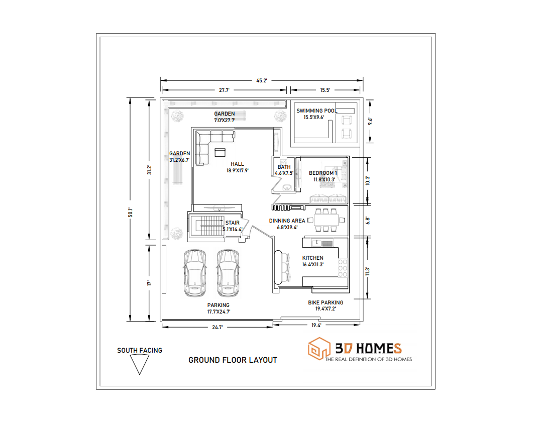 45x50 House Design | 45x50 House Plans | 4bhk | Parking | Swimming ...