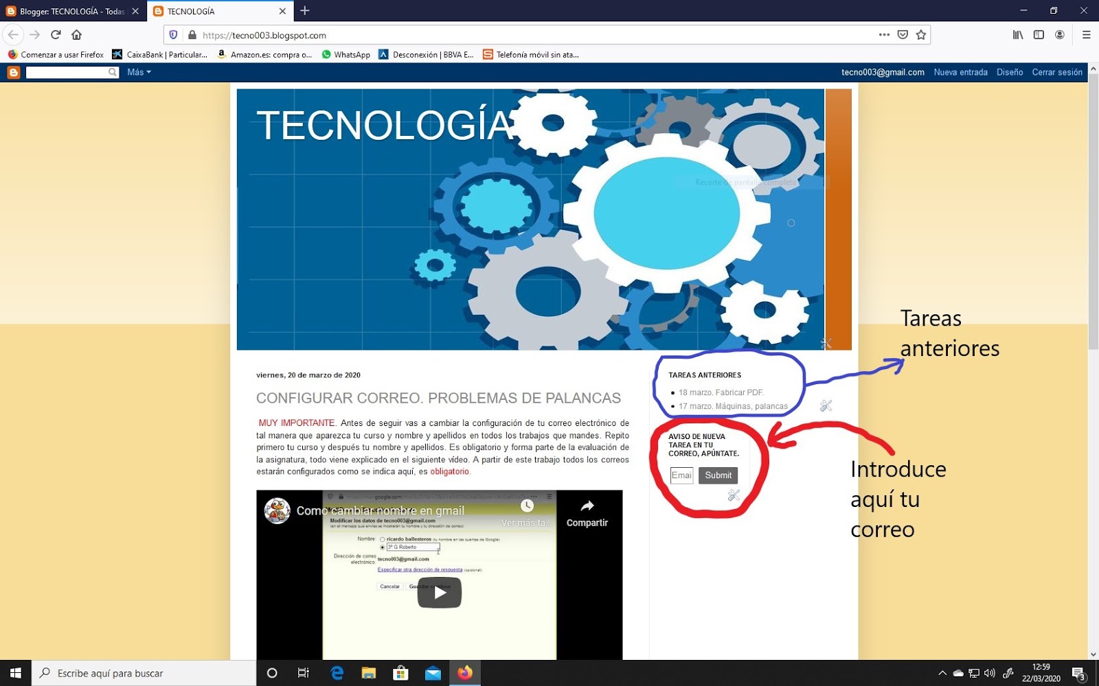 TECNOLOGÍA: Configurar correo, aviso de tareas