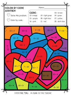 An Apple For The Teacher: Valentine's Day Color By Number Addition and ...